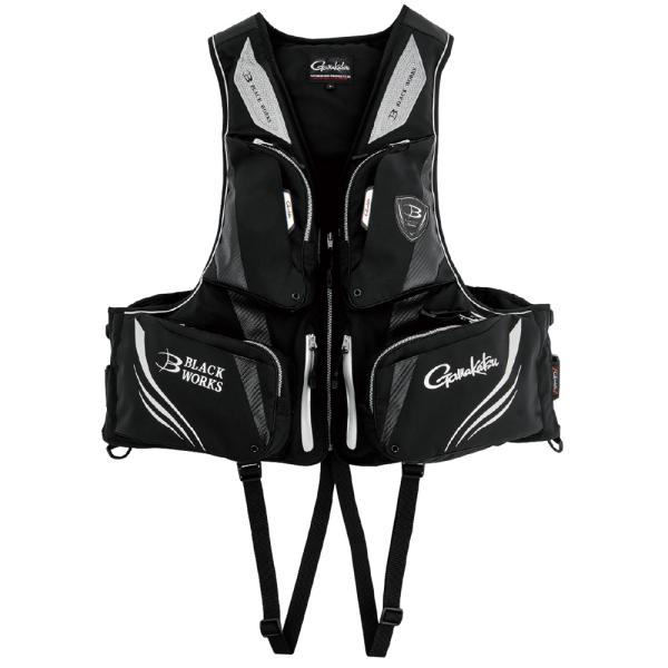 がまかつ アルテマシールドPFベスト ブラックワークス GM6005 (ライフジャケット 大人用 フローティングベスト)■素材：〈表地〉ナイロン100％〈裏地〉ナイロン100％〈浮力材〉NBR70％P.V.C30％■重量：約1.3kg(L)...