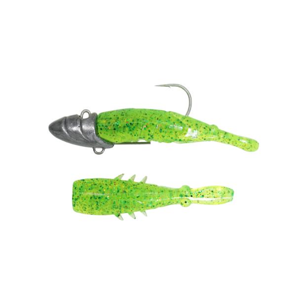 イッセイ 一誠 海太郎デカハネエビS 19g/2.5in #056 チャートグリーングリッター (ソルトルアー 海釣り)■「デカハネエビヘッド 19g #2/0」1個 + 「デカハネエビ 2.5in」2本≪イッセイ 一誠 ソルトルアー 海釣り≫