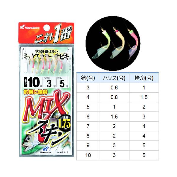 ハヤブサ これ一番 MIXスキンサビキ 6本針 HS712 (サビキ仕掛け)■製品形態：堤防・胴突式 全長1.4m/1.75m■入り数：6本鈎1セット■鈎種・色：小アジ・金≪ハヤブサ サビキ仕掛け≫