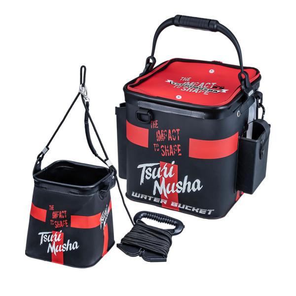 釣武者 ライブウェル親子バケツ ブラック/レッド F204 (水くみ 水汲みバケツ バケツ)■サイズ：親バケツ ：W240×D240×H260mm、子供バケツ：W150×D150×H190mm≪釣武者 水くみ 水汲みバッカン≫
