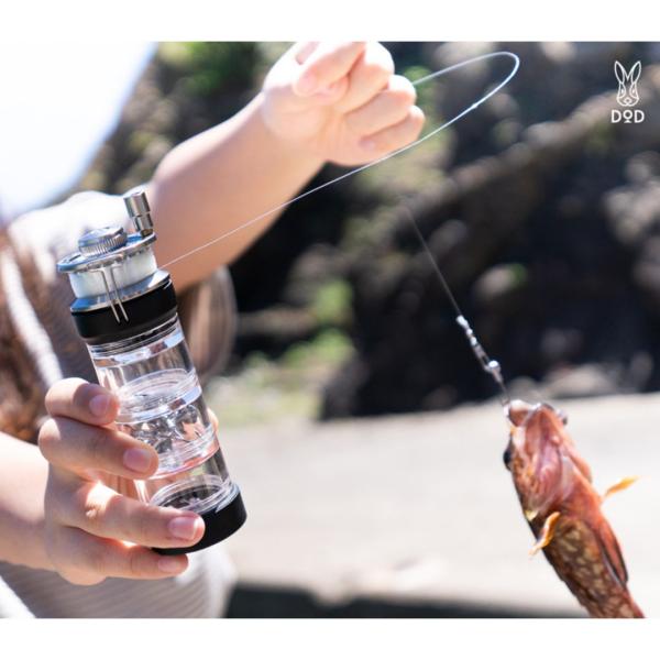 カラー ブラックサイズ （約）W4×D4×H13cm総重量 （約）150g　材質 リール：アルミ合金、ライン：ナイロン、スプールバンド：ポリエステル、ボトル：ポリプロピレン・アクリル・シリコンセット内容 製品本体、6lbナイロンライン100...