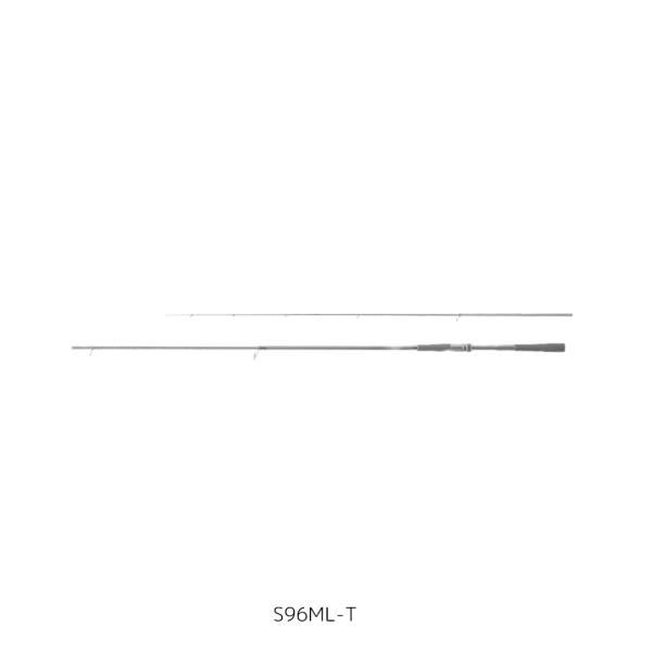 全長(ft.):9'6" 　全長(m):2.9 　継ぎ方式:振出 　継数(本):3 　仕舞寸法(cm):105.2 　自重(g):159 　先径(mm):1.8 　ジグウェイト(g):MAX 35 　プラグウェイト(g):6-28　適合ライ...