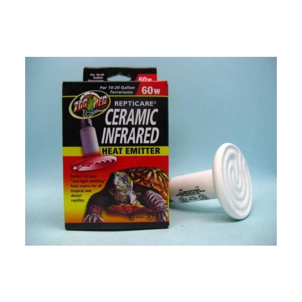 ●熱帯性、砂漠性の生体の為の陶器製赤外線ヒーター ●100V　50Hz/60Hz　屋内用 ●平均寿命約2500時間※飼育環境、電圧のよって変化します。 ●陶器製の電球型ヒーターから赤外線を照射して温めます。 ●光を出さない為、生体の生活リズ...