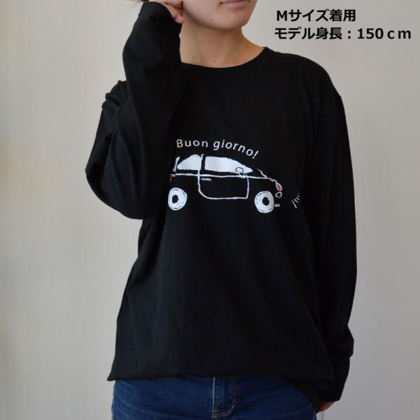 FJファクトリー “ボンジョルノ” ブラック オリジナル ロングTシャツ フィアットをイメージしたオシャレなデザイン程よい生地の厚みがあり着心地も良いです。■ご着用サイズイメージモデル身長 150cm　　Mサイズ着用モデル身長 181cm　...
