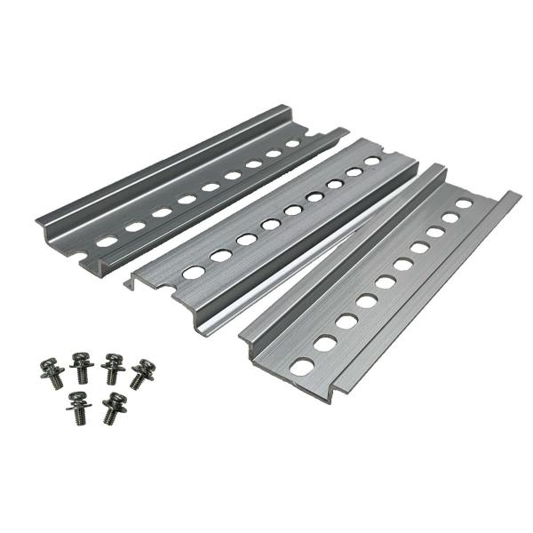 DIN規格（35mm幅）のアルミ製レールです。DIN規格（35mm幅）の機器の設置に適しています。材質：アルミニウム（表面：アルマイト処理）使用温度：−30℃〜100℃商品内容：DINレール×３、ネジ×６