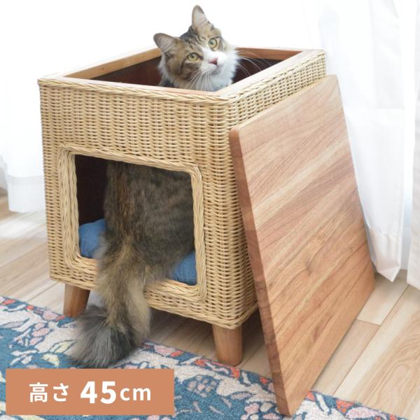●愛するペットと一緒に使えるペットハウススツール。スツールにもテーブル代わりにもなります。【商品サイズ】幅40×奥行40×高さ45 cm【材質】天然木(パイン)/ラタン/ラッカー塗装/コットン【商品重量】5.6kg【耐荷重】約80kg【組立...