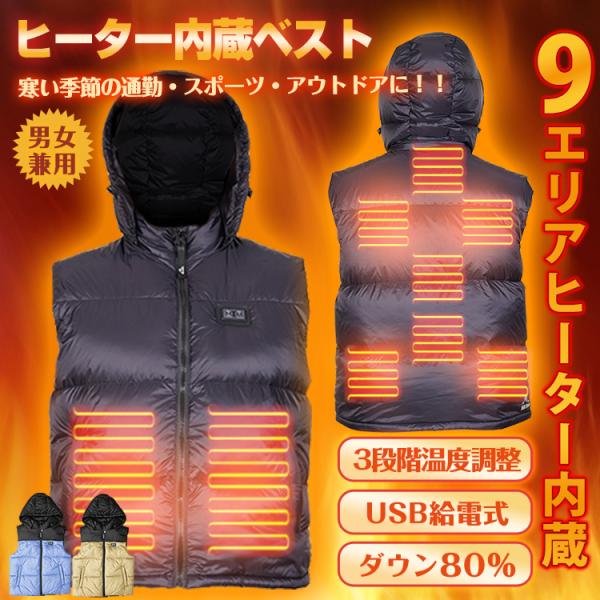 【商品内容】：電熱ダウンベスト【カラー】：ブラック/ブルー/キャメル【サイズ】：M/L/XL【表地】：ナイロン100％【裏地】：ポリエステル100％【詰め物】：ダウン80％ フェザー20％※モバイルバッテリーは付属しておりません。○使用上の...