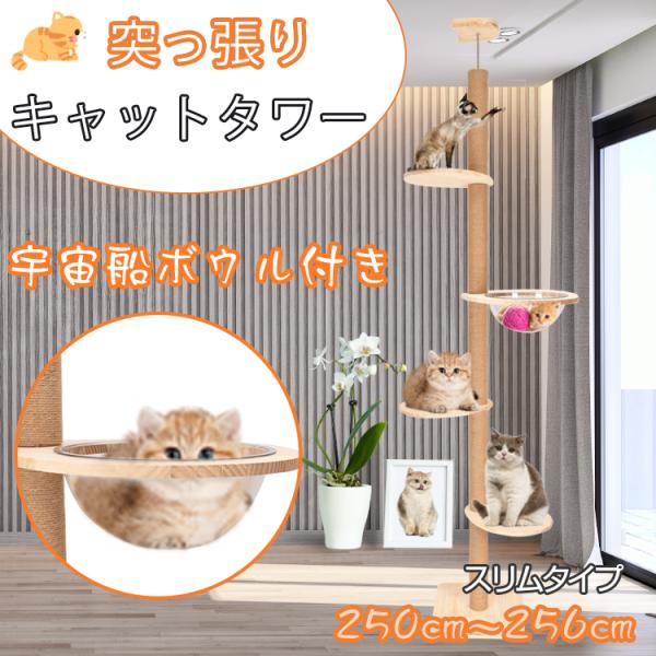 【商品内容】：キャットタワー突っ張りタイプ【サイズ】：(約)底板40cm角×高さ250cm〜256cm【重量】：(約)11.5kg【耐荷重】：宇宙船(約)10kg/ステップ(約)8kg【材質】：木材、麻紐、アクリル○使用上の注意事項○※お客...