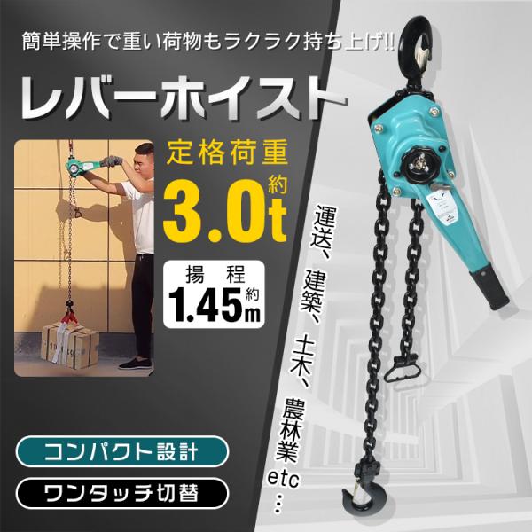 【商品内容】：レバーホイスト 3t【重量】：(約)17.3kg【定格荷重】：(約)3.0ton(3000kg)【標準揚程】：(約)1.45m【部品の材質】：マンガン鋼【チェーンの材質】：G80合金鋼○使用上の注意事項○※改造/本来の目的以外...