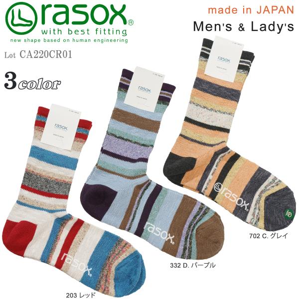 CA220CR01ラソックス rasox"ネイティブボーダー・クルー"表情の異なる細番手のスラブ糸を使用して、味わい深いカラーリング編み立てたボーダーソックス。滑らかで肌触りの良い履き心地はデイリーユースにもピッタリです。ベーシッククルーよ...
