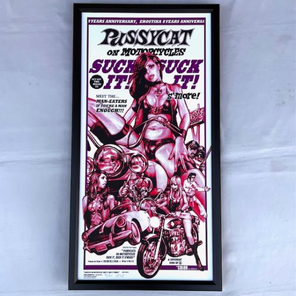 ロッキンジェリービーン PUSSYCAT ON MOTORCYCLES シルクスクリーン ポスタージャストサイズの黒色木製フレーム付です(表面のクリアー板は外して撮影しています）200枚限定　シルクスクリーンポスター生筆のＲＪＢサイン、ナン...