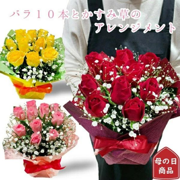 母の日 プレゼント バラ バラ10本 アレンジメント カスミソウ 豪華 かわいい お花 女性 母 祖母 義母 女友達 花 お祝い フラワー ギフト お花祝い※北海道・沖縄・離島へはお送りできませんのでご了承ください。色が選べる　バラのアレン...
