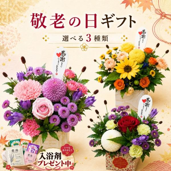 商品名敬老の日アレンジメントサイズ 高さ　約20cm横幅　約18cm特徴 当店自慢のアレンジメント季節のお花をふんだんに使い豪華でボリュームのあるアレンジメントです
