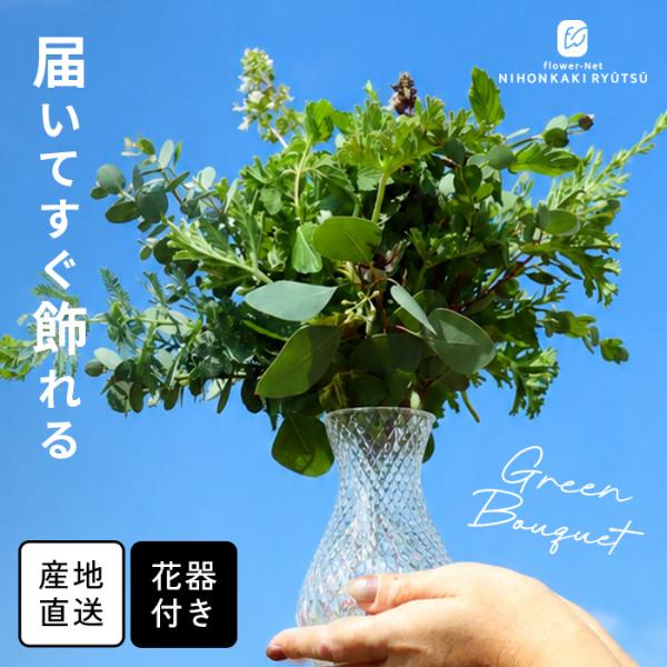 【フラワーネット日本花キ流通】〜大人のためのグリーンブーケ〜花器付きだから、届いたその日からすぐ飾れる生花のグリーンブーケ。ユーカリやティーツリーなど、その日いちばん状態の良いフレッシュグリーンをフローリストが束ね、農場から直送します。＜は...
