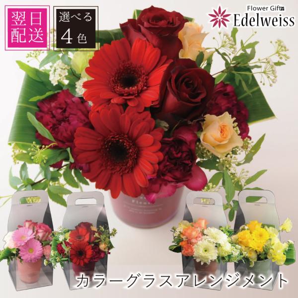 【商品について】4色のカラーグラスから選べるアレンジメントです。グラスのカラーに合わせて画像のイメージでお作りします。花材の入荷状況により、お花の種類は変更になる場合があります。クリアケース付き【サイズ】本体： 幅25cm前後×高さ22cm...