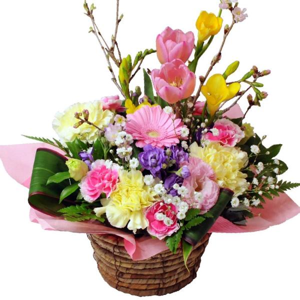 【商品について】誕生日にも記念日にも贈れる、春らしい生花のアレンジメントです。 卒業、卒園、入学お祝いにもおすすめです。【サイズ】高さ30cm×幅30cm前後　【注意事項】※画像はイメージです※お花の種類が変更になる場合があります。※北海道...