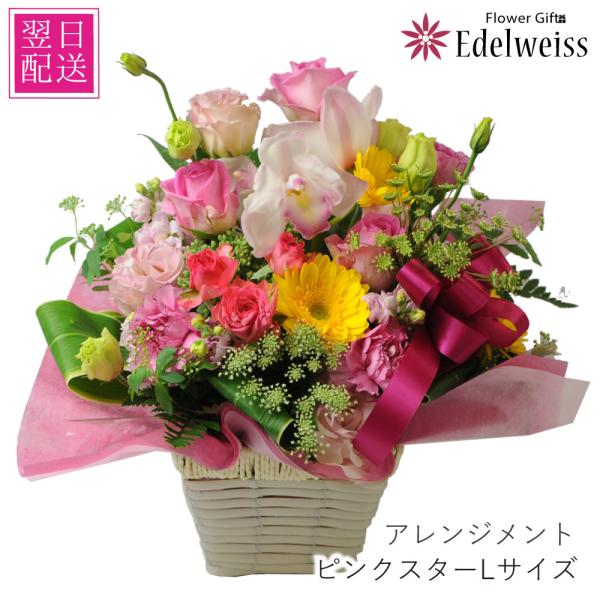 【商品について】シンビジュームと、季節の花を使ったカラフルなアレンジメント。カラフルなアレンジメントで、バラやガーベラ等の洋花をバランスよくアレンジさせて頂きます。【サイズ】・Lサイズ：高さ25cm前後×幅25cm前後【注意事項】※画像はイ...