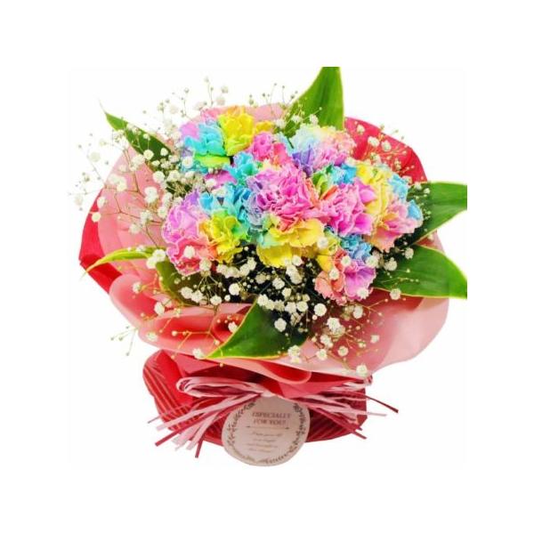 【商品について】花瓶に移し替える手間がかからず、贈られた方に好評なブーケです。レインボーカーネーション8本とカスミ草、グリーンを使用しております。植物ですので、色の配分や濃さには幅があります。【サイズ】本体：高さ30cm x 幅25cm前後...