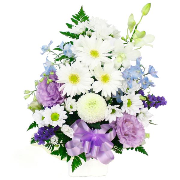 形状 アレンジメント 花材 白+紫系のお供え花サイズ 高さ約30cm、幅22cm、奥行き18cm程度配送方法 ヤマト運輸での宅配送料 込（本州のみ無料）※御供・供花・献花以外の目的では不可