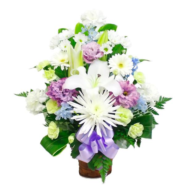形状 アレンジメント 花材 白ユリと季節のお悔み用添え花（白紫系）サイズ 高さ約50cm、幅・奥行き約30cm配送方法 ヤマト運輸での宅配送料 込（本州のみ無料）
