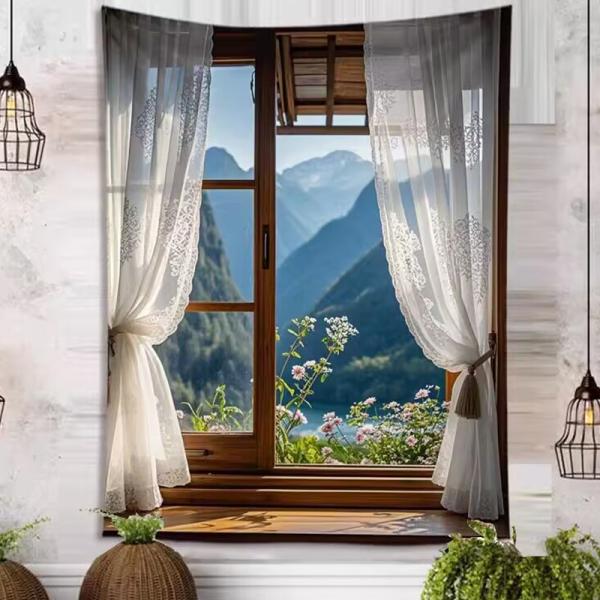 厚手の生地を使用しております。窓と日差しと山々の絵柄のタペストリーです。光と緑のある明るい雰囲気が出ます。横70cm、縦100cm。縦長タイプです。リビングやキッチンなど家族が集まる部屋や寝室などの壁にぜひどうぞ。素材:ポリエステル掛けた瞬...