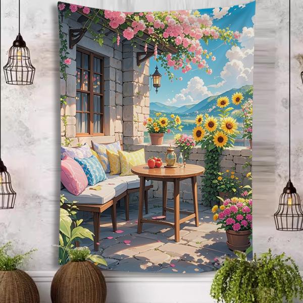 厚手の生地を使用しております。花溢れる春のテラスの絵柄のタペストリーです。花のある明るい雰囲気が出ます。横70cm、縦100cm。縦長タイプです。リビングやキッチンなど家族が集まる部屋や寝室などの壁にぜひどうぞ。素材:ポリエステル掛けた瞬間...