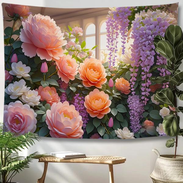 厚手の生地を使用しております。淡い光と花々の絵柄のタペストリーです。花のある明るい雰囲気が出ます。横100cm、縦70cm。横長タイプです。リビングやキッチンなど家族が集まる部屋や寝室などの壁にぜひどうぞ。素材:ポリエステル掛けた瞬間一気に...