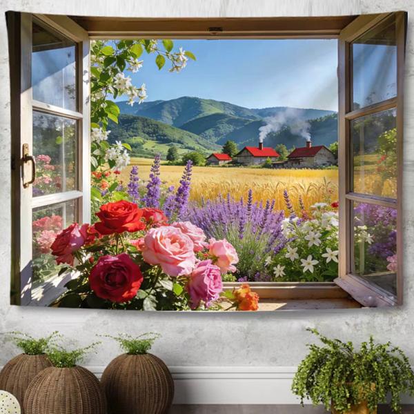 部屋が一瞬で変わる！掛けるだけで一気におしゃれ空間に！窓辺に広がる花々と田園風景の爽やかなタペストリーです。色鮮やかな花々と田園風景が明るく心落ち着く空間を演出します。自然に包まれるような、穏やかで癒しのひとときをお楽しみいただけます。素材...