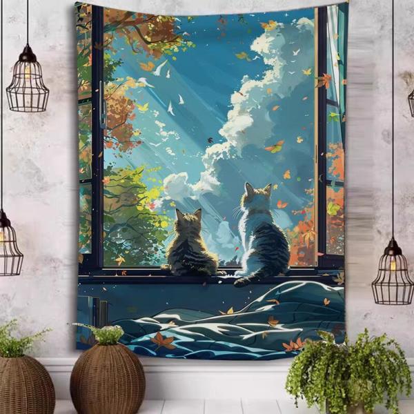 窓辺から外を眺める猫の絵柄のタペストリーです。 可愛らしくとても癒やされます。横70cm、縦100cm。縦長タイプです。リビングやキッチンなど家族が集まる部屋や寝室などの壁にぜひどうぞ。素材:ポリエステル掛けた瞬間一気に雰囲気が変わります。...