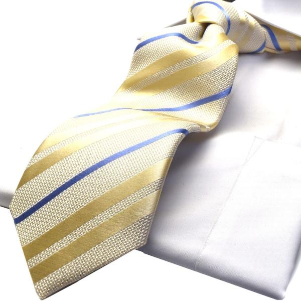 サイズ縦143センチ×幅8センチ材　質シルク１００％色イエローベースに白とブルーのストライプ商品説明写真と多少の色の異なりはご了承下さい。 ポイント利用