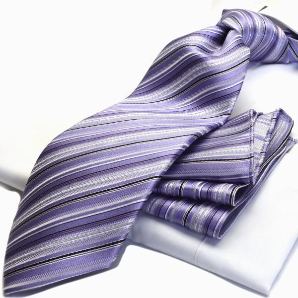 サイズ縦143〜146センチ×幅8センチチーフ・同色（23.5センチの正方形）材　質シルク１００％色藤色ベースにホワイト、ブラックのストライプ柄 (チーフ付き)商品説明写真と多少の色の異なりはご了承下さい。製造元日本