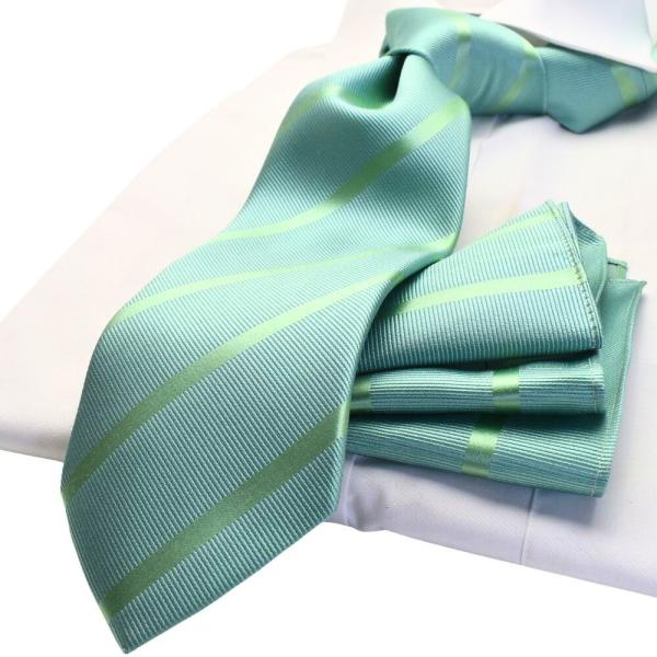 サイズ縦143〜146センチ×幅8センチ/チーフ・同色（23.5センチの正方形）材　質シルク１００％色グリーン ストライプ柄商品説明写真と多少の色の異なりはご了承下さい。日本製