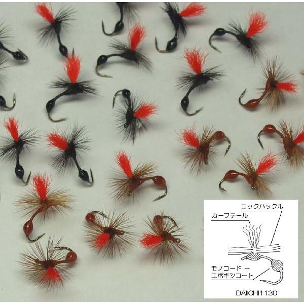 「尻下がり」姿勢の艶やかボディがアント活動期のトラウトにアピール。カーフテールも盛期の山岳渓流で見やすい蛍光レッド。微細なエポキシ浸透をハックルポスト基部に施し、耐久性にも優れます。（完成品フライ）