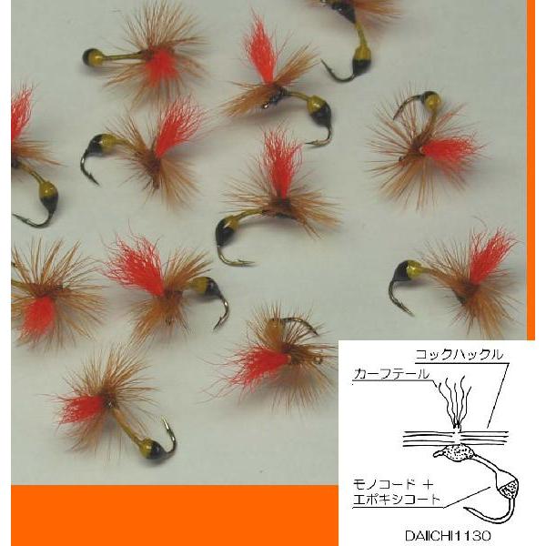 「尻下がり」姿勢の艶やかボディがトラウトにアピール。カーフテールも盛期の山岳渓流で見やすい蛍光レッド。微細なエポキシ浸透をハックルポスト基部に施し、耐久性にも優れます。特筆すべきはこのカラー。黄色＆黒のコンビネーションは山岳渓流でイワナに特...