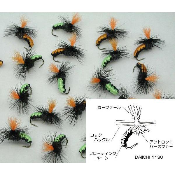 本フライの特徴は、なんと言っても扁平形状で上下カラーが異なるボディにあります。ブナ虫のような、カメムシのような、雑多な陸生昆虫をイメージさせる扁平なボディ形状は、良好なフッキングにも寄与。また2色のマテリアルを編み込んでこしらえた（＝ウィー...