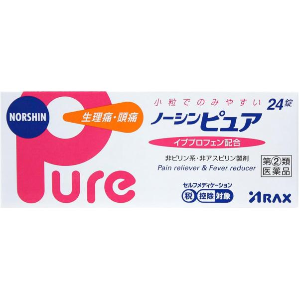 ノーシンピュアは、痛みや熱のもとになる物質(プロスタグランジン)ができるのをすばやく抑え、すぐれた鎮痛解熱効果を発揮するイブプロフェンに、その効力を高めるアリルイソプロピルアセチル尿素と無水カフェインを配合した鎮痛解熱剤です。○生理痛・頭痛...