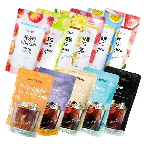 ■商品の説明：韓国の人気カフェブランド「CAFFEBENE」のパウチドリンクを、全11種類から選べる商品ページです。桃が香るピーチアイスティーや、マスカット、パイナップルなどの爽やかなフルーツ系から、アメリカーノ、キャラメルマキアート、ヘー...