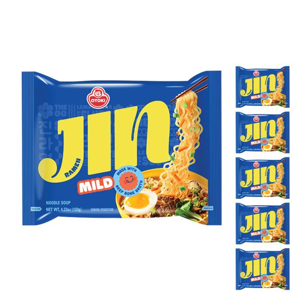■商品名：オットギ ジンラーメン（マイルド）■内容量：120g×5袋 ■原材料：麺 : 小麦粉（アメリカ産・オーストラリア産）、変性でん粉、パーム油（マレーシア産）、グルテン、じゃがいもでん粉、塩、乳化油脂、卵殻粉末、肉スープエキス、にんに...