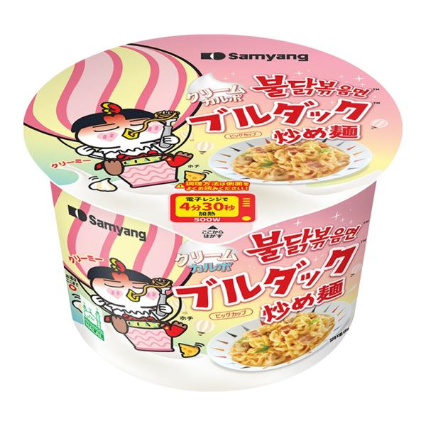 ■商品名：クリームカルボナーラブルダック炒め BIGCUP■内容量：120g × 1個■原材料名：油揚げめん（小麦粉、植物油脂、小麦グルテン、食塩、玉ねぎエキス）、スープ（砂糖、チーズソース、チキン風味パウダー、チキン風味ソース、全粉乳、唐...