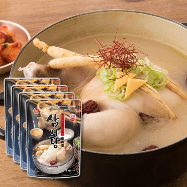 ■商品名：参鶏湯(サムゲタン)■内容量：1kg × 4袋 ■原材料：鶏肉、もち米、うるち米、高麗人参、ニンニク、栗、ナツメ、食塩■原産国：韓国■賞味期限：別途表記■保存方法：高温多湿を避け、直射日光の当たらない涼しい場所で保管してください。...