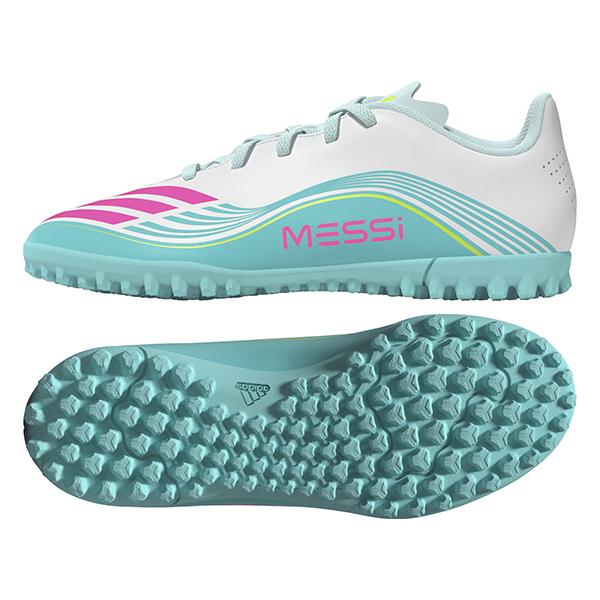 F50 メッシ CLUB TF トレーニングシューズで、キッズにサッカーの高揚感を。メッメッシのこだわりにインスパイアされたデザイン。軽くてやわらかな履き心地で、スピード感のある動きを後押しする。軽量な合成素材のアッパーが、アクティブな動き...