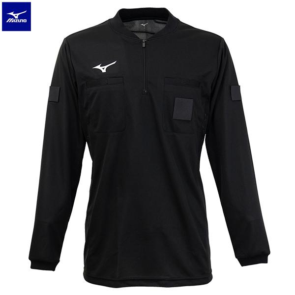 ミズノの長袖レフェリーシャツ。両袖、左胸にはワッペン用のベルクロ付き。両胸ポケットはベルクロ仕様。【素材】ポリエステル100％【カラー】09：ブラック