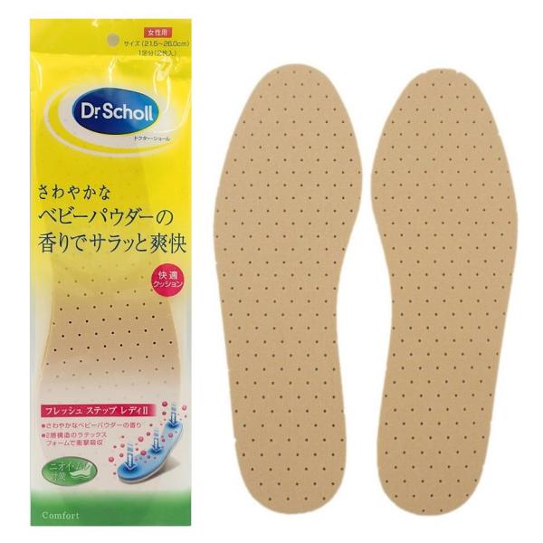 ・爽やかなベビーパウダーの香りです。　香りのカプセルでサラッと爽快、足は１日中フレッシュ。・多数の気孔を採用しています。　通気性に優れ、湿気も吸収します。・表面には綿とポリエステル混紡基布を採用。　靴の中の足ムレを防ぐ吸湿性と耐久性に優れて...