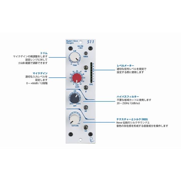 雄大さと可変式 Silk（シルク）/ Texture（テクスチャー）による柔軟性を併せ持つプリアンプ 511 は、500シリーズサイズのコンパクトなボディに伝統のサウンドを受け継いでいます。Rupert Neve 氏が設計した500シリーズ...
