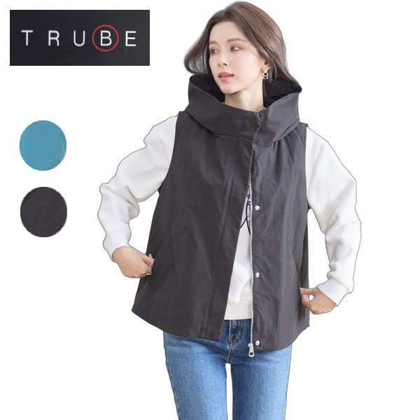 商品名：trube フーデットスタンドカラーベスト春先にピッタリな綿混素材の前開きベスト。フードの英字テープがカジュアル感をプラス。スタンドカラーで首回りもカバーしてくれます商品詳細サイズ：【Ｍ〜L】身幅 53cm、着丈 60cm素材・生地...