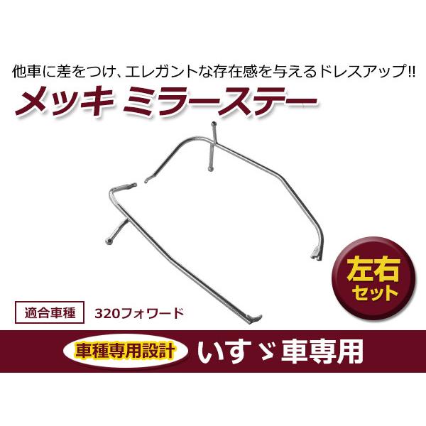 【適合車種】・メーカー：いすゞ・車種：320フォワード・備考：マニュアルミラー用(電動ミラーの場合は配線を差替え頂ければ、電動ミラーにも使用できます。)・材質：スチール クロムメッキ【商品説明】メッキミラーステー 左右 （助手席側・運転席側...