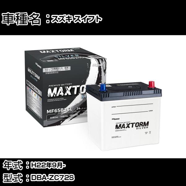 スズキ スイフト 【年式型式】H22年9月- DBA-ZC72S 【仕様】1200cc/充電制御システム搭載車 (アイドリングストップ車除く)/寒冷地仕様車 適合参考 マックストーム MAXTORM SILVER MF65B24L
