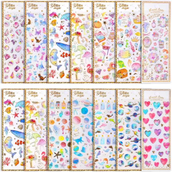 【セット内容】パッケージには合計14シートのキラキラシールを入っており、１シートに数十枚のドロップシールがあります。【デザイン】デコシールはエポキシ樹脂で作られ、雫のようなぷくぷくした透明感のあるので、かわいいという感じが一層アップさせまし...