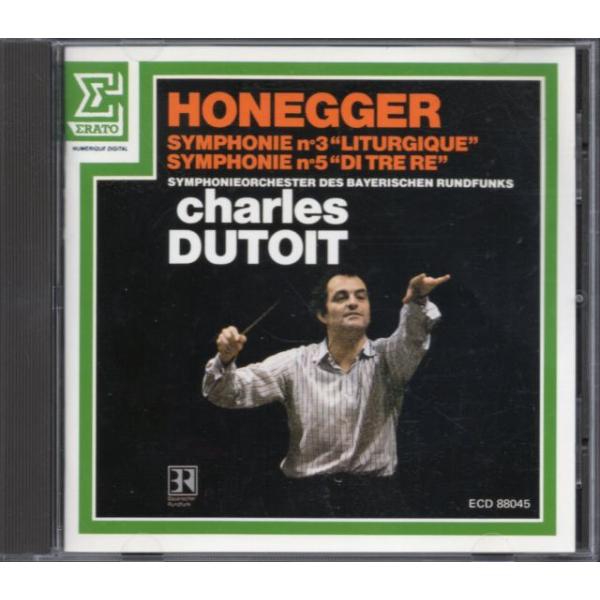 ●オネゲル：[1] 交響曲第3番「典礼風」，[2]　同　第5番「3つのレ」■シャルル・デュトワ指揮 バイエルン放送soCD// 海外盤 {DDD} ERATO＊ECD 88045　発売：84年／録音：1982年／収録時間：52分　+++