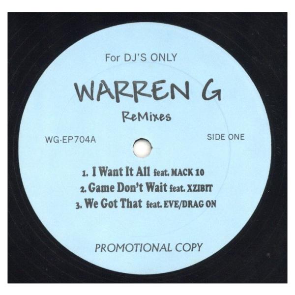製造国 : US　　リリース年 : 2003　　レーベル : Not On Label　　品番 : WG-EP704　　　　スリ傷有るがプレイＯＫ。Warren Gの人気曲のRemix &amp; Instrumentalを収録したアンオフ...